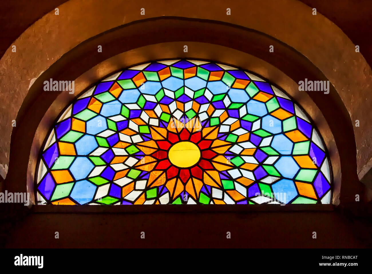 Cordoba, Spain - Dec 2018: Beautiful colored stained glass window ...