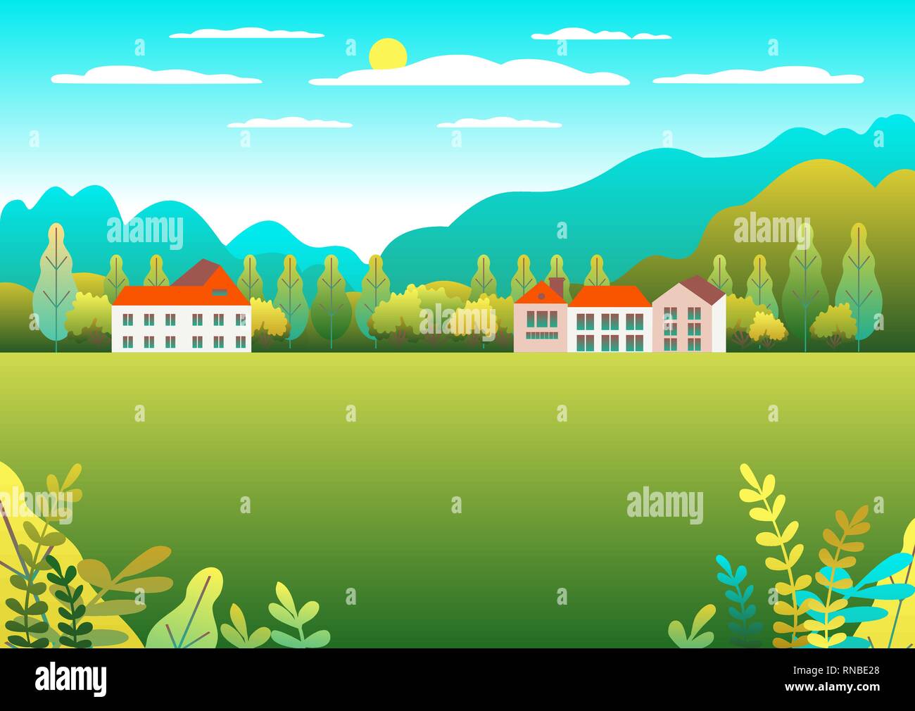 Rural valley Farm countryside. Village landscape with ranch in flat ...