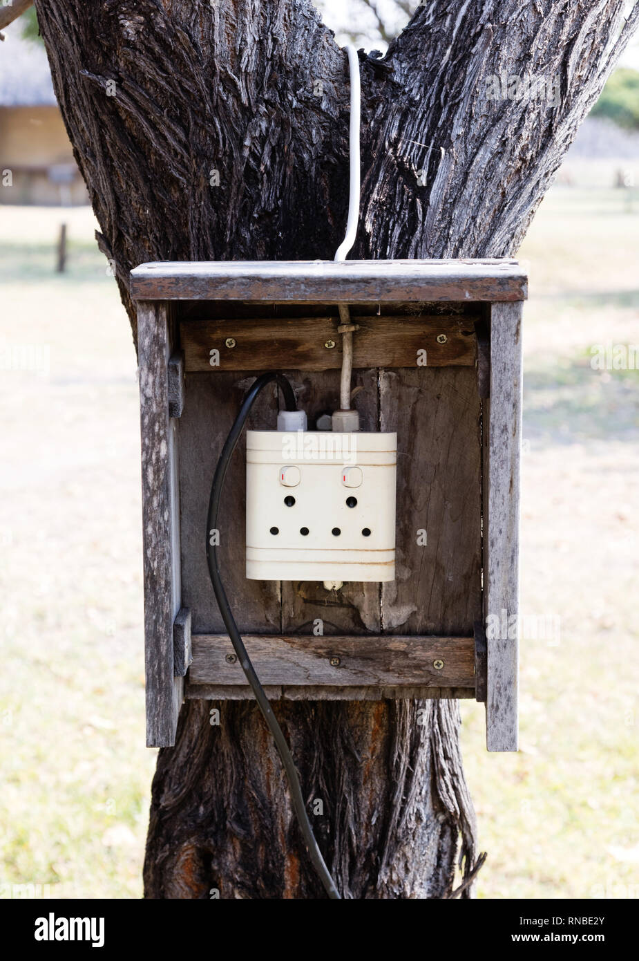 Power supply on a campsite in Botswana - Selective focus Stock Photo ...