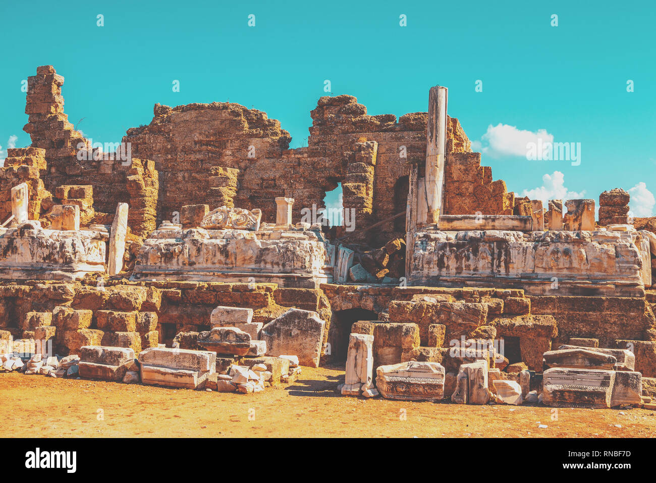 The Ruins of Ancient Side city agora. Antic Side. Turkey Stock Photo ...