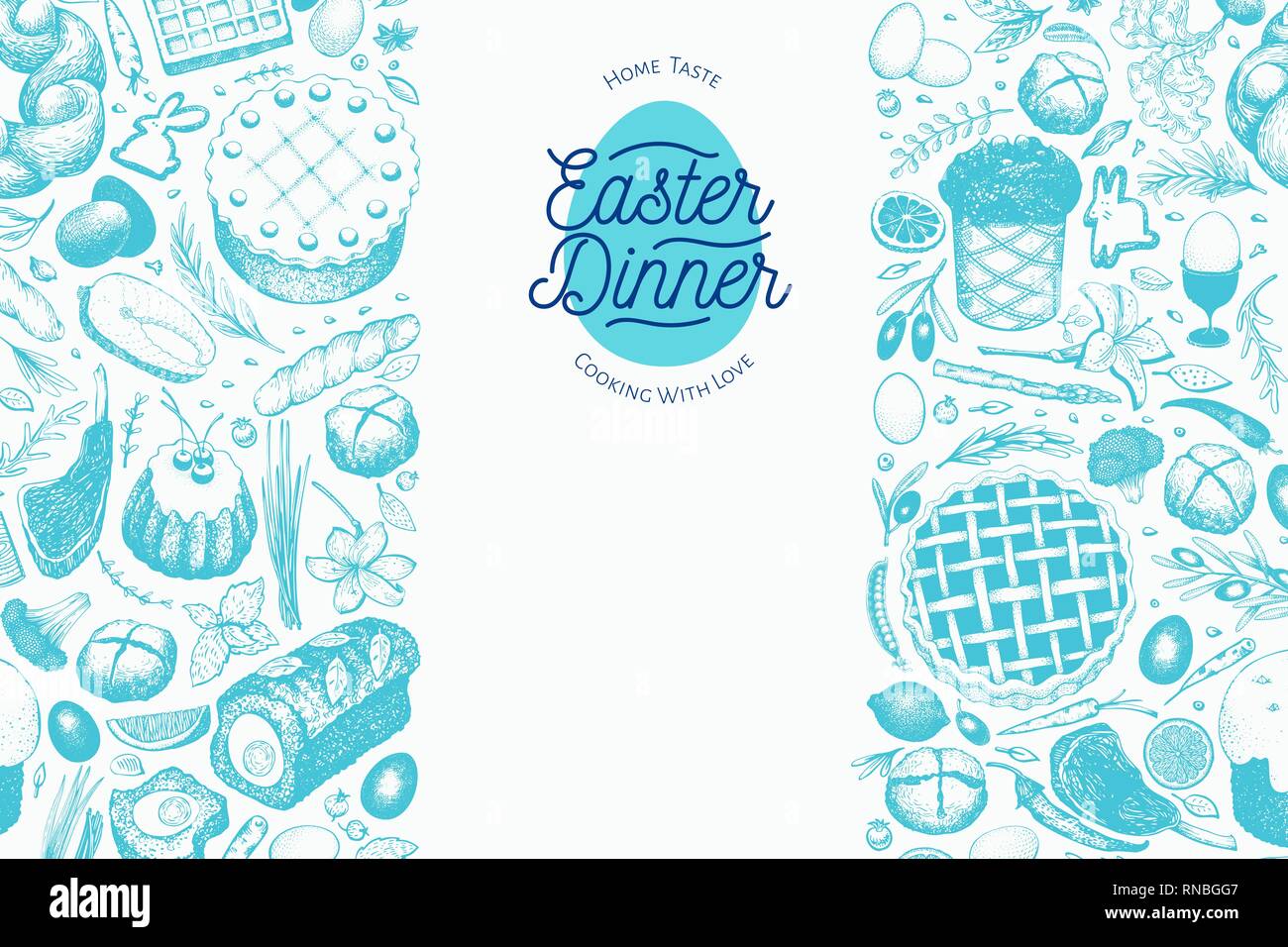 Easter dinner banner template. Vector hand drawn illustrations. Happy ...