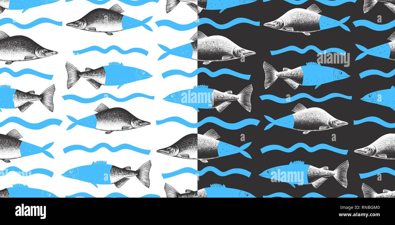 Hand drawn collage seamless pattern of pink salmon fish. Can be use for ...