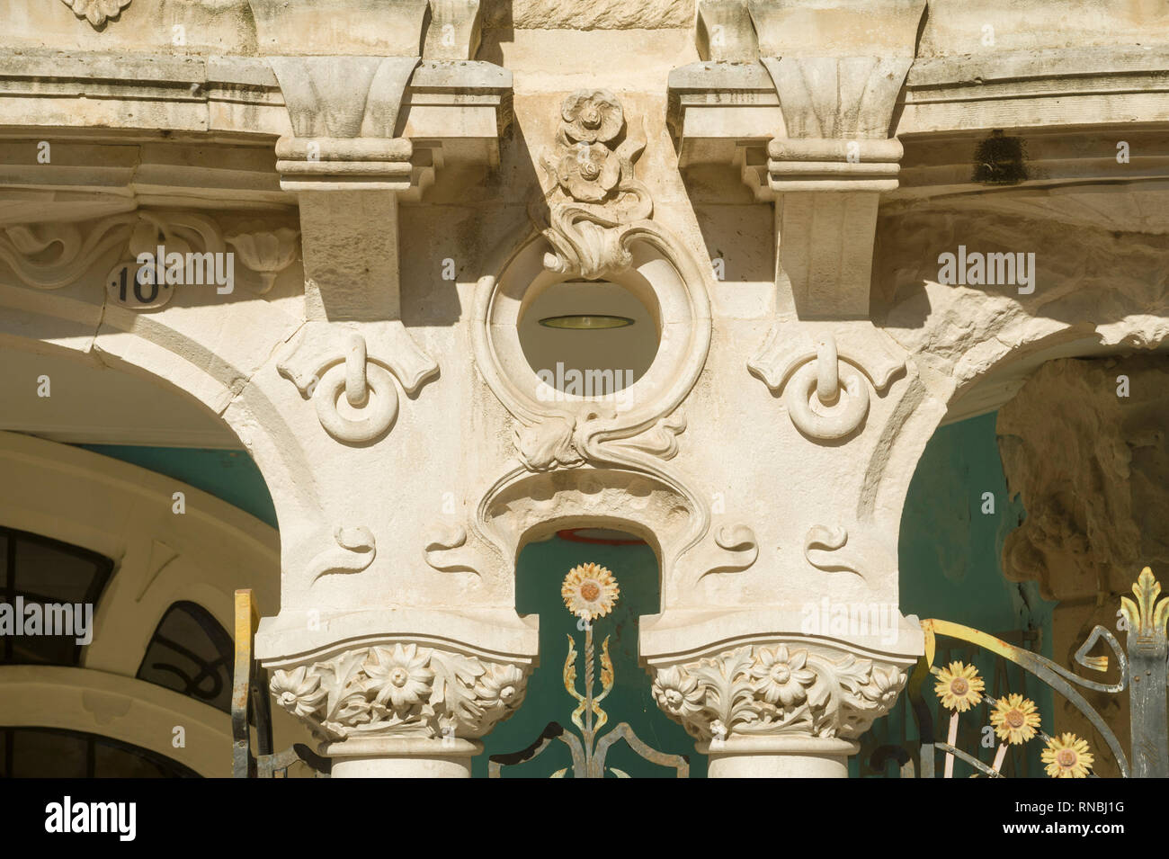 close up on the beautiful old facades buildings of the Art Nouveau ...