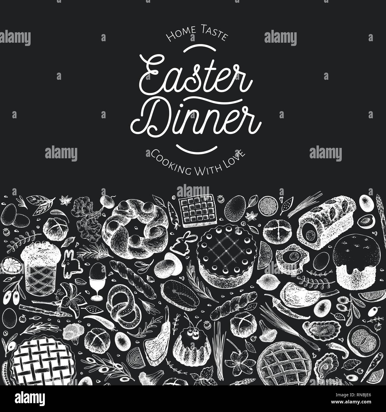 Easter dinner banner template. Vector hand drawn illustrations on chalk ...