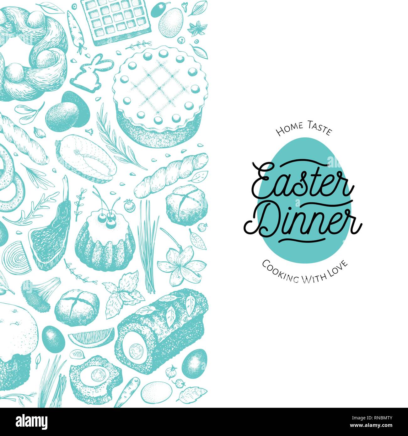 Easter dinner banner template. Vector hand drawn illustrations. Happy ...
