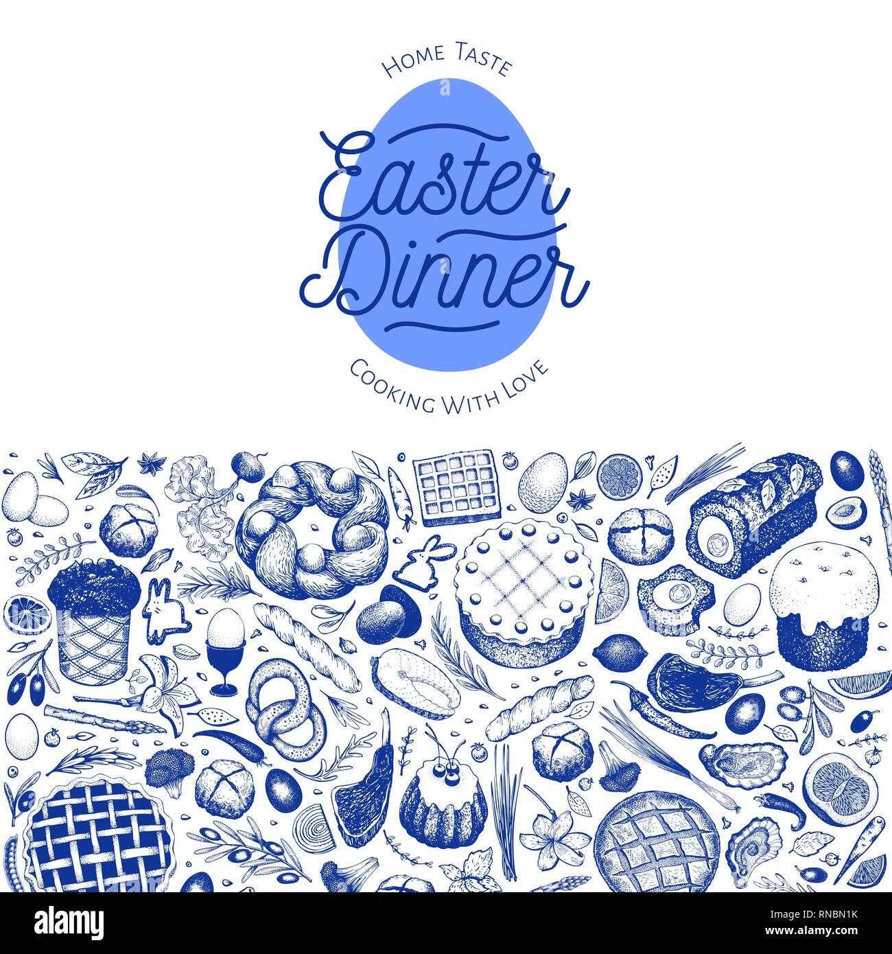 Easter dinner banner template. Vector hand drawn illustrations. Happy ...