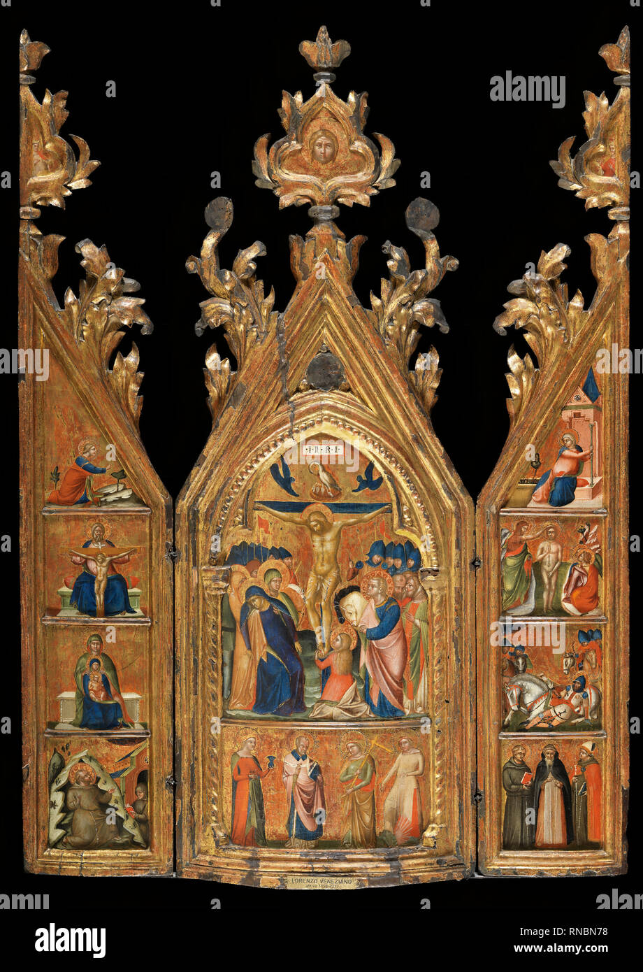 Lorenzo Veneziano (Active between 1356 and 1372). Portable Triptych with a central Crucifixion ...