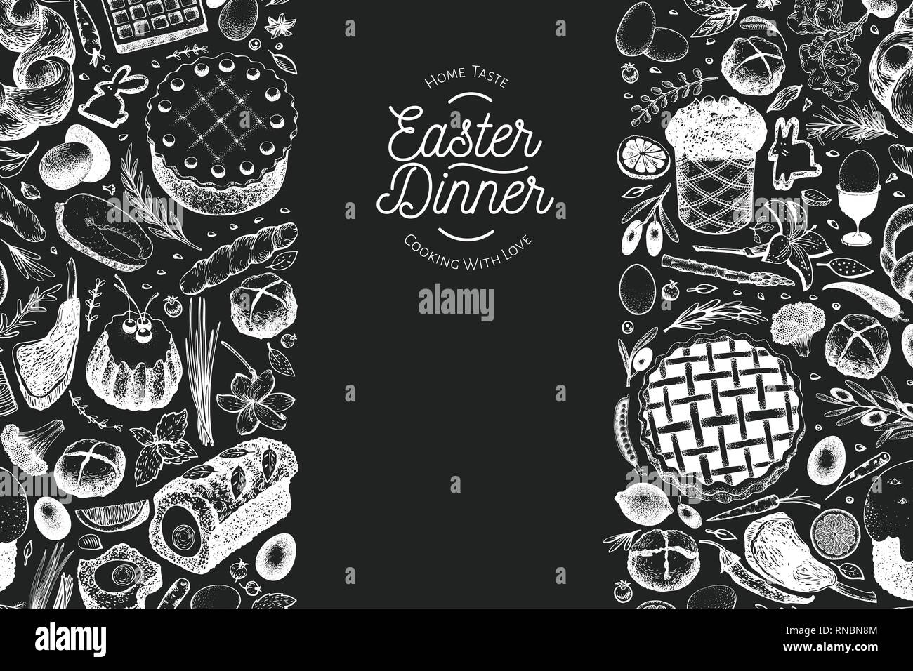 Easter dinner banner template. Vector hand drawn illustrations on chalk ...