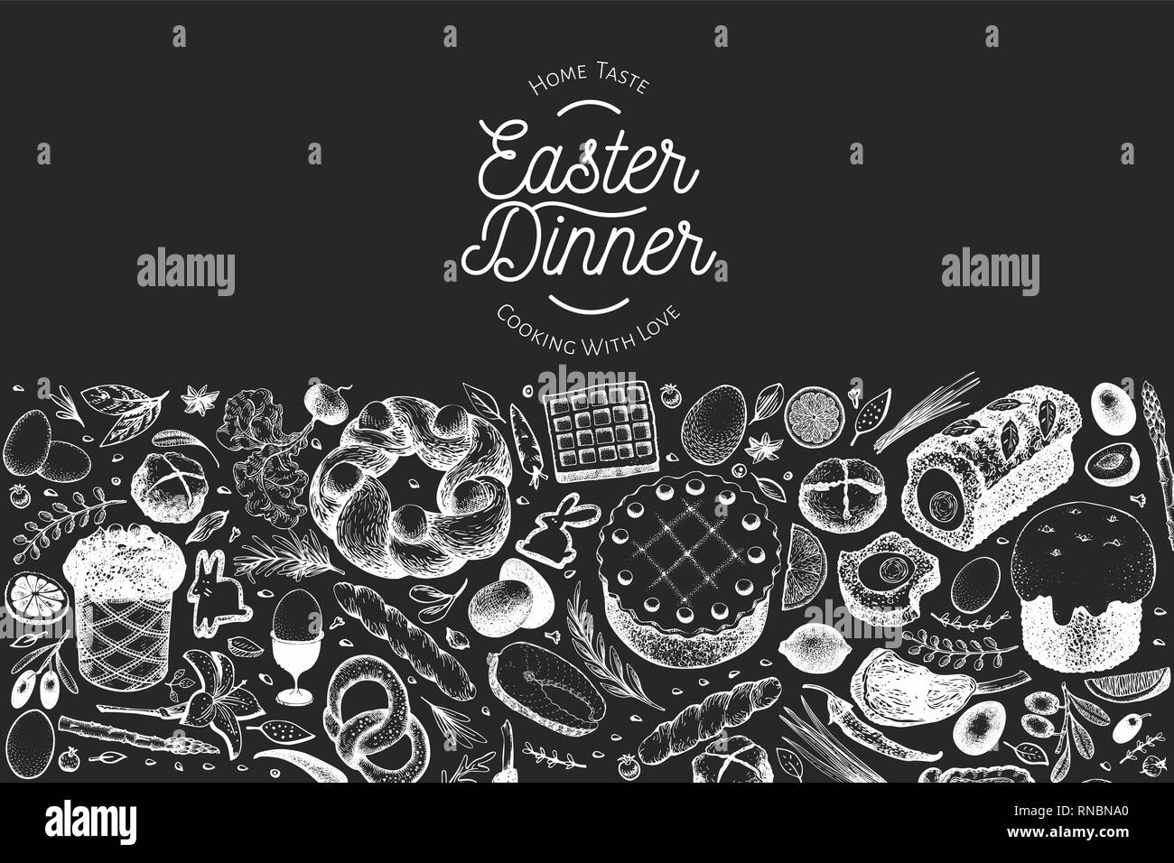 Easter dinner banner template. Vector hand drawn illustrations on chalk ...