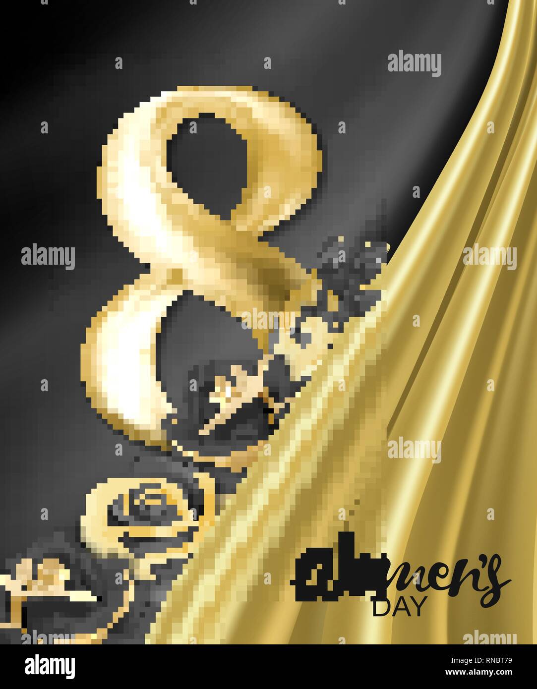 8 march postcard. Digit eight made of gold on black background. Glowing ...
