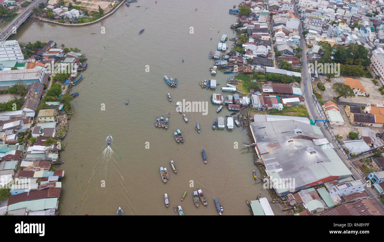 Aerial view, top view Cai Rang floating market. Tourists, people buy ...