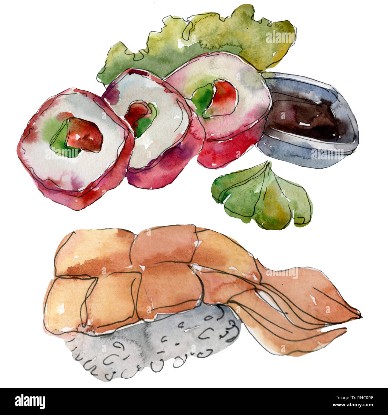 Watercolor sushi set of beautiful tasty japanese food illustration ...