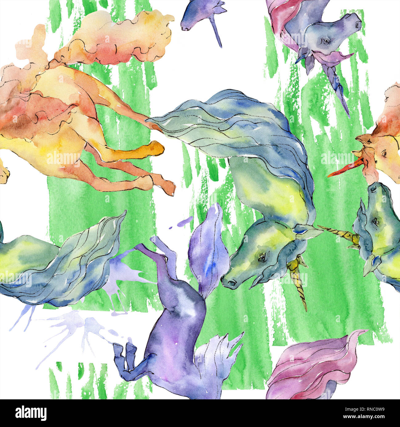 Cute unicorn horse animal horn character. Watercolor background ...