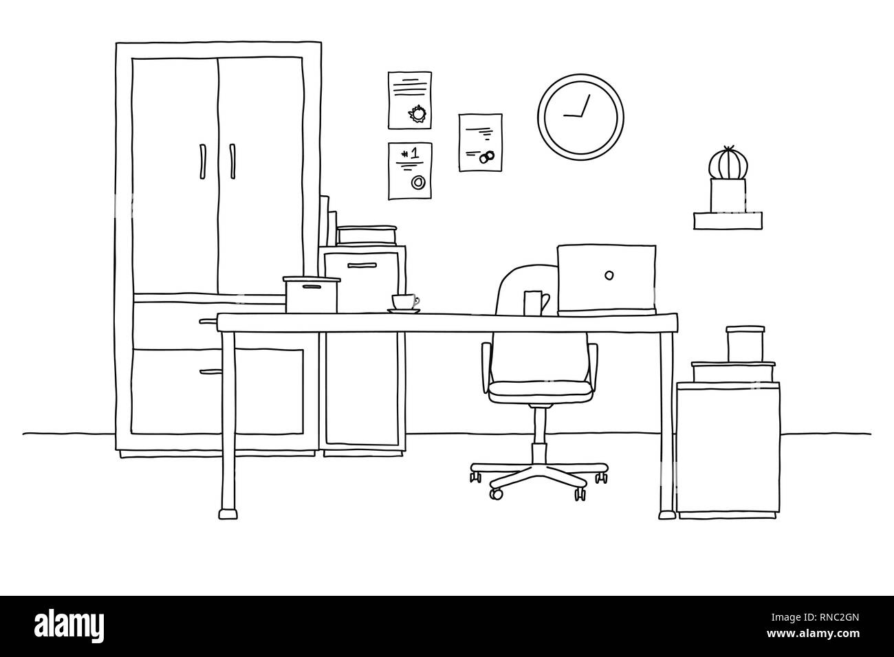 Sketch the room. Office chair, desk, various objects on the table ...