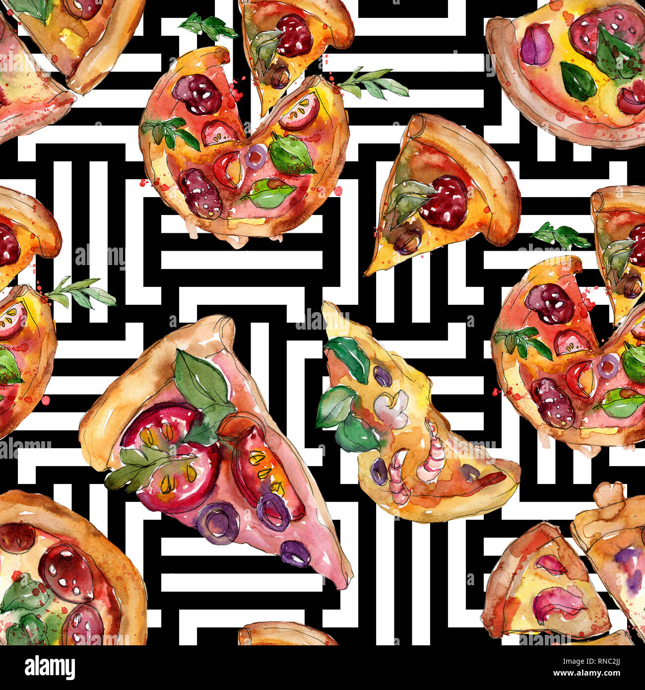 Fast food itallian pizza in a watercolor style isolated set ...