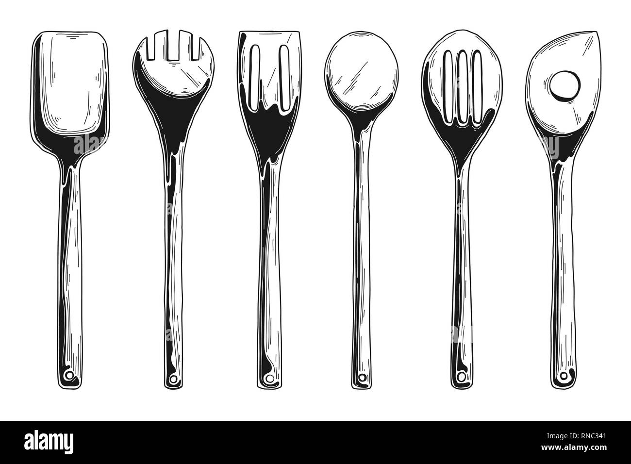 Kitchen set of different wooden spoons. Vector illustration Stock ...