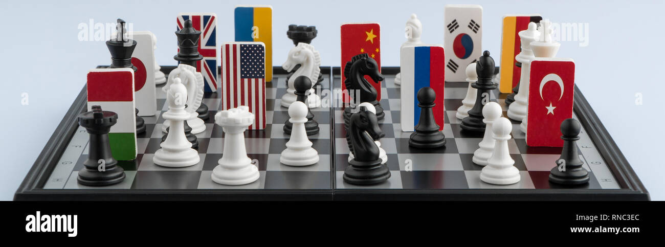 Symbols of the flags of the world on the chessboard. The concept of ...