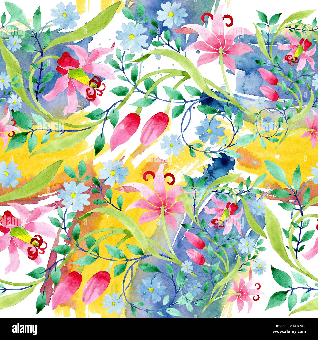 Ornament pink and blue floral botanical flowers. Watercolor background ...