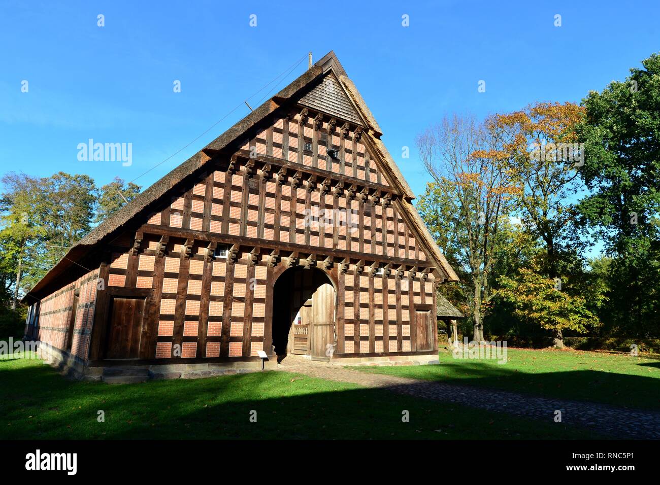 The historic barn of a farm court at the museum village in Cloppenburg ...