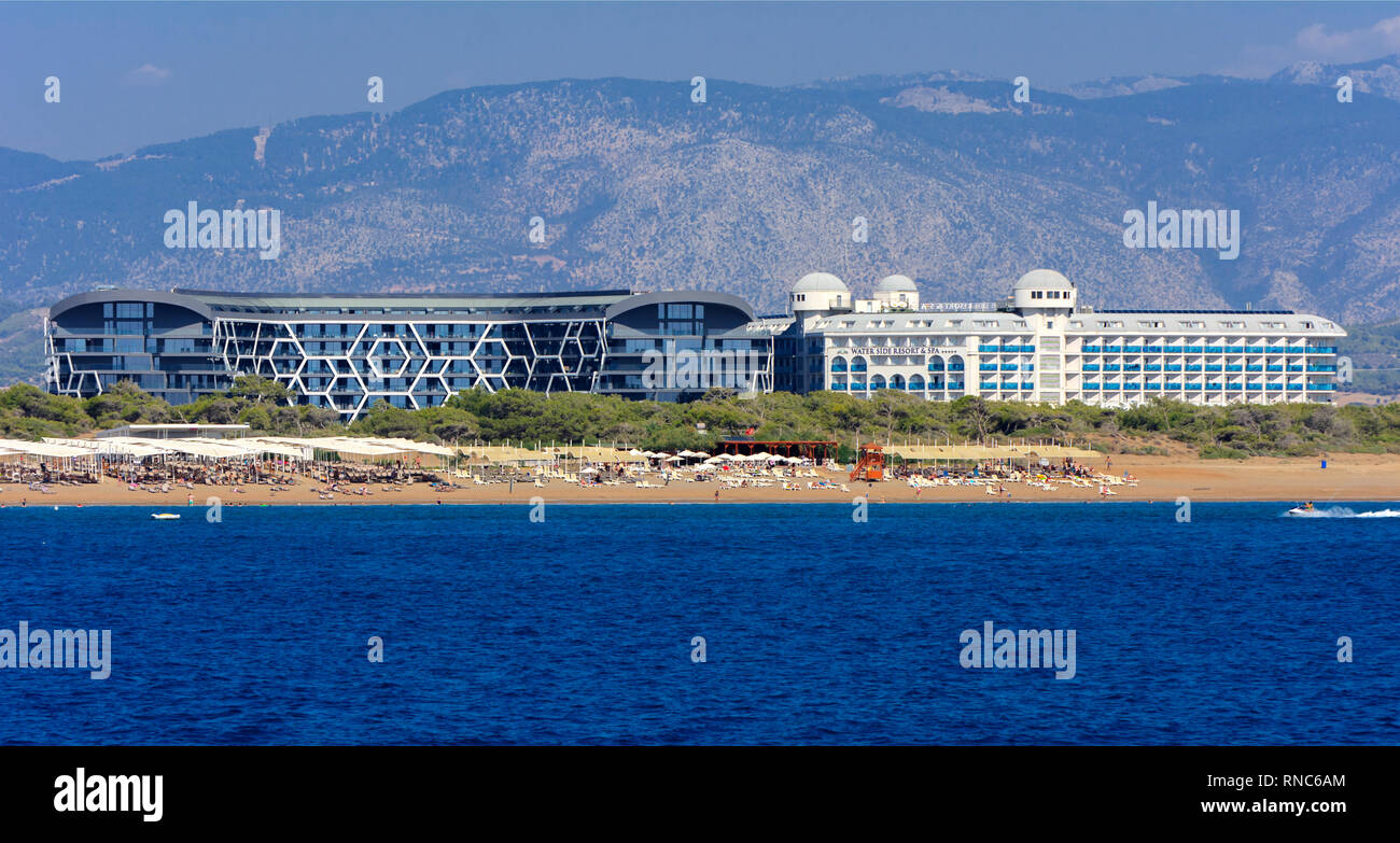 Alanya, Turkey - October 05, 2018. Beautiful hotels of Turkey against ...