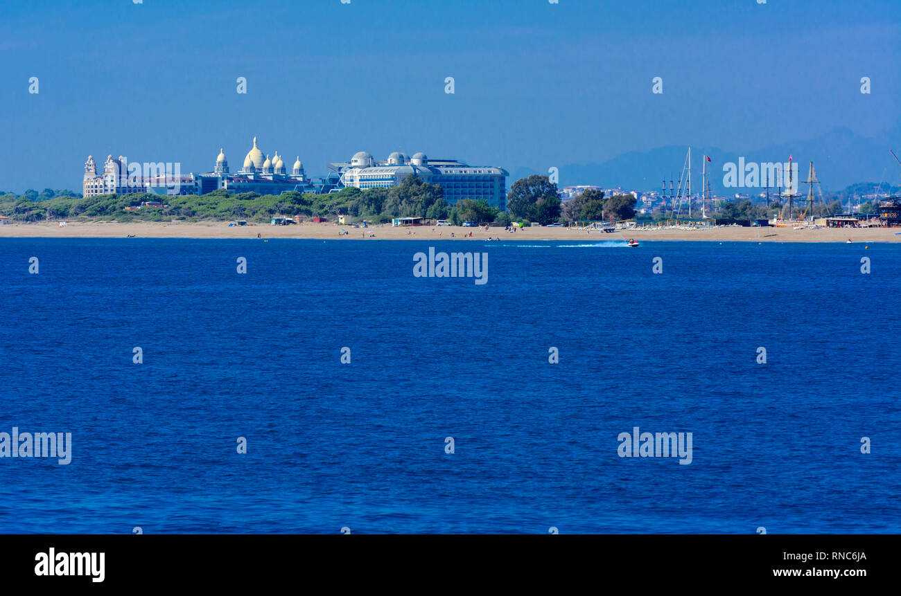 Alanya, Turkey - October 05, 2018. Beautiful hotels of Turkey against ...