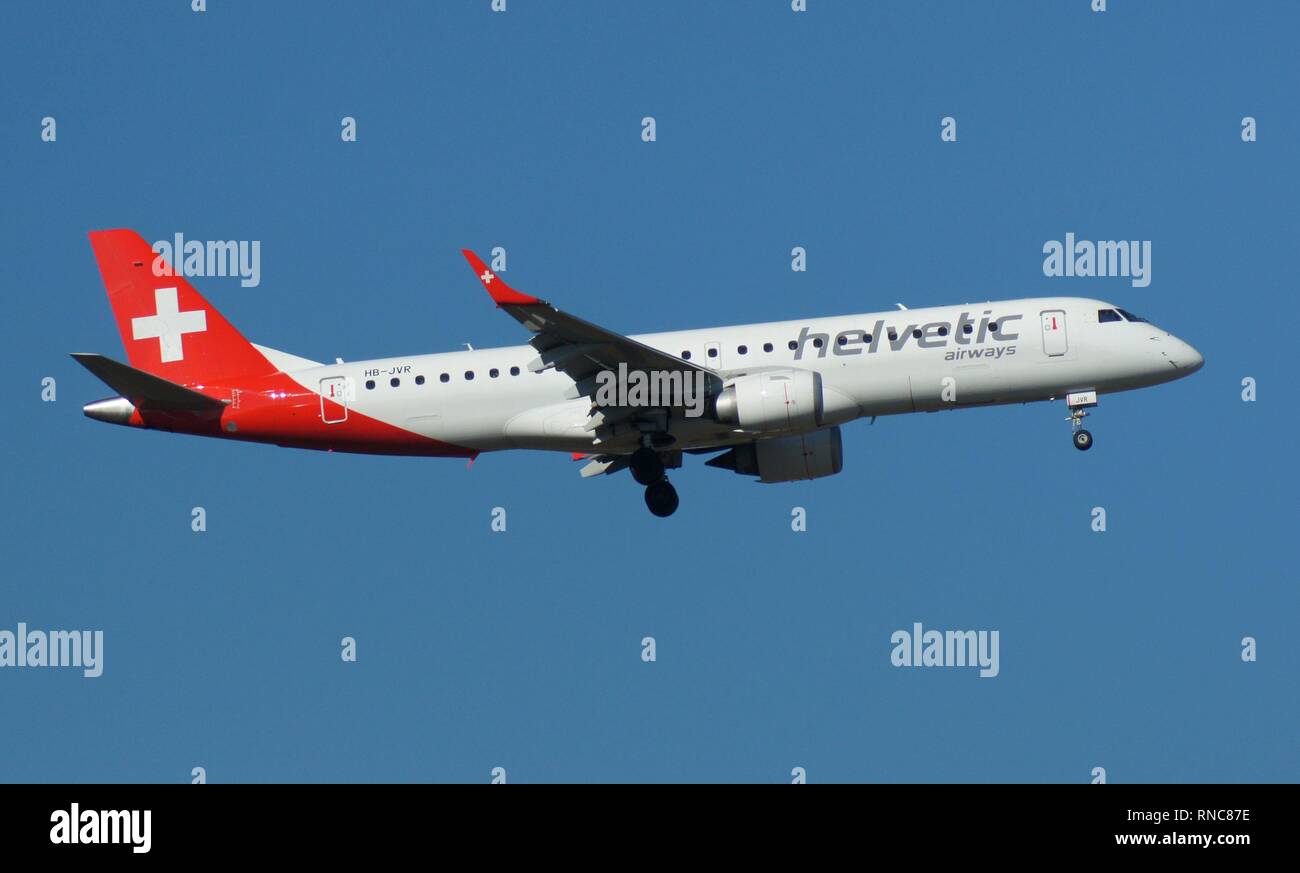 An Embraer ERJ 190 of the Swiss airline helvetic airways, landing on ...