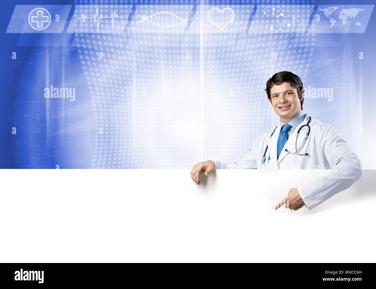 Doctor with banner Stock Photo - Alamy