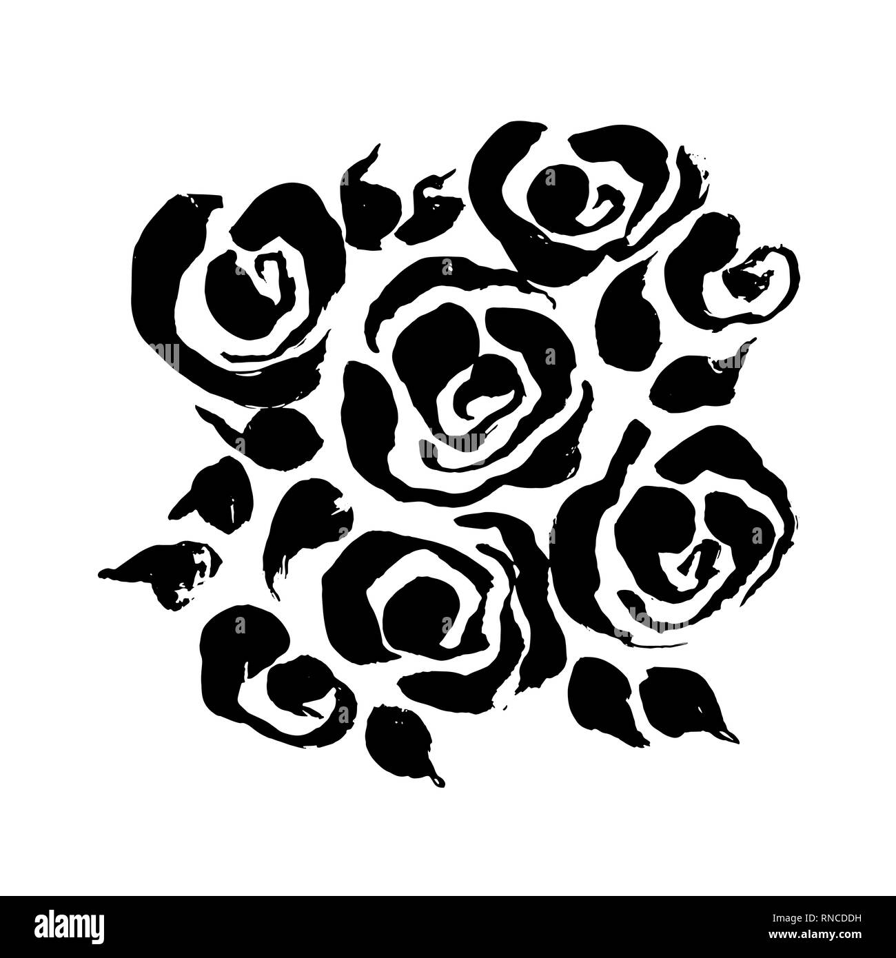 Abstract grunge ink flower background. Roses black brush pattern ...