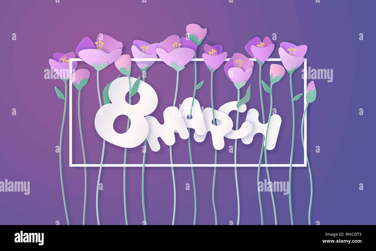 8 March Happy Womens Day greeting card. Paper cut 3d spring flowers ...