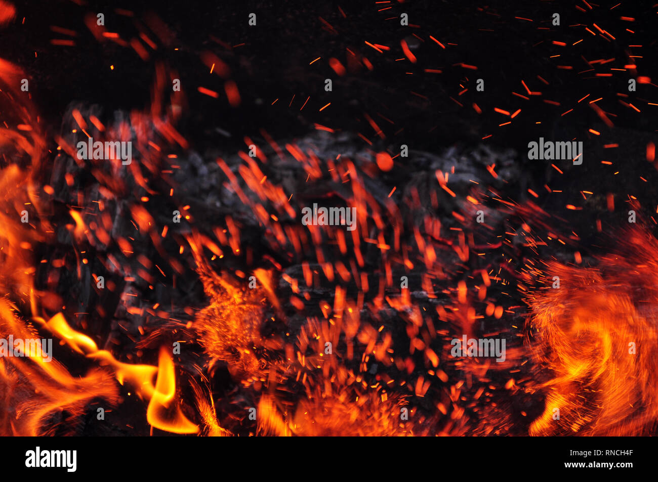 Beautiful color of burning red coals and black charred wood. Orange hot ...