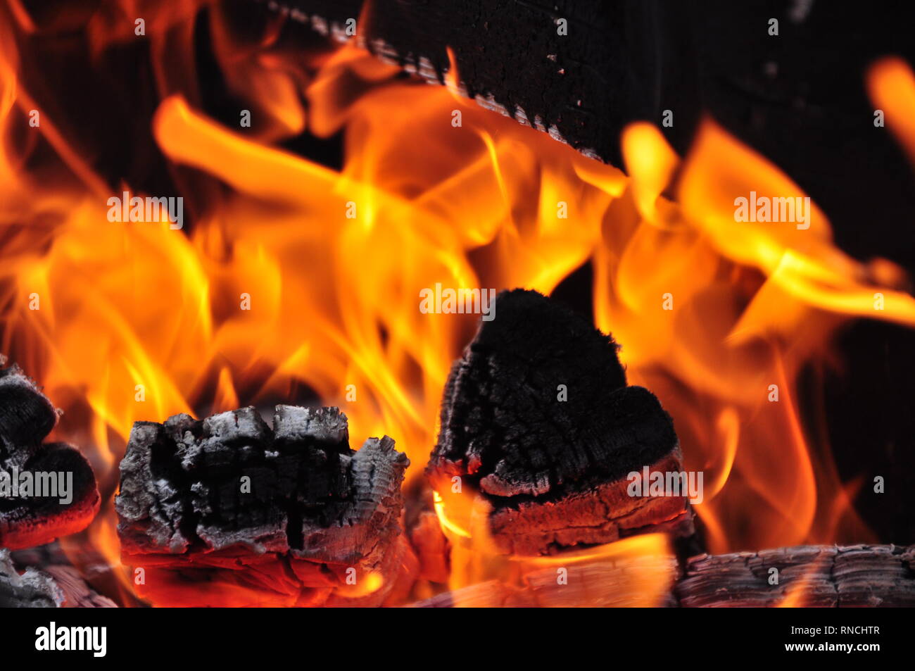 Beautiful color of burning red coals and black charred wood. Orange hot ...