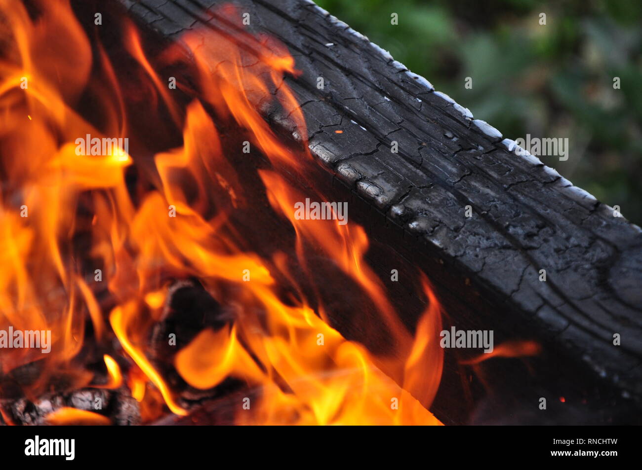 Beautiful color of burning red coals and black charred wood. Orange hot ...
