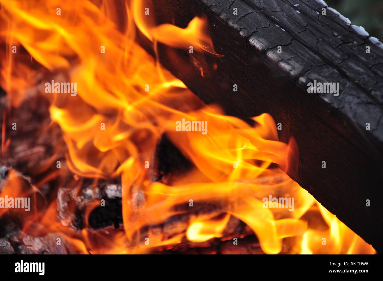 Beautiful color of burning red coals and black charred wood. Orange hot ...