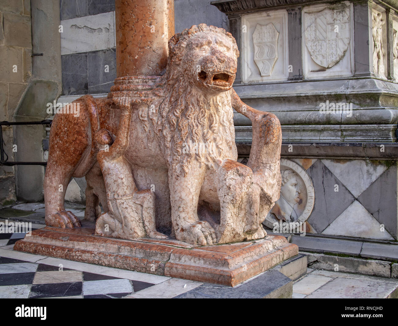 Cappella Colleoni entrance medieval lion statue close up, Bergamo ...