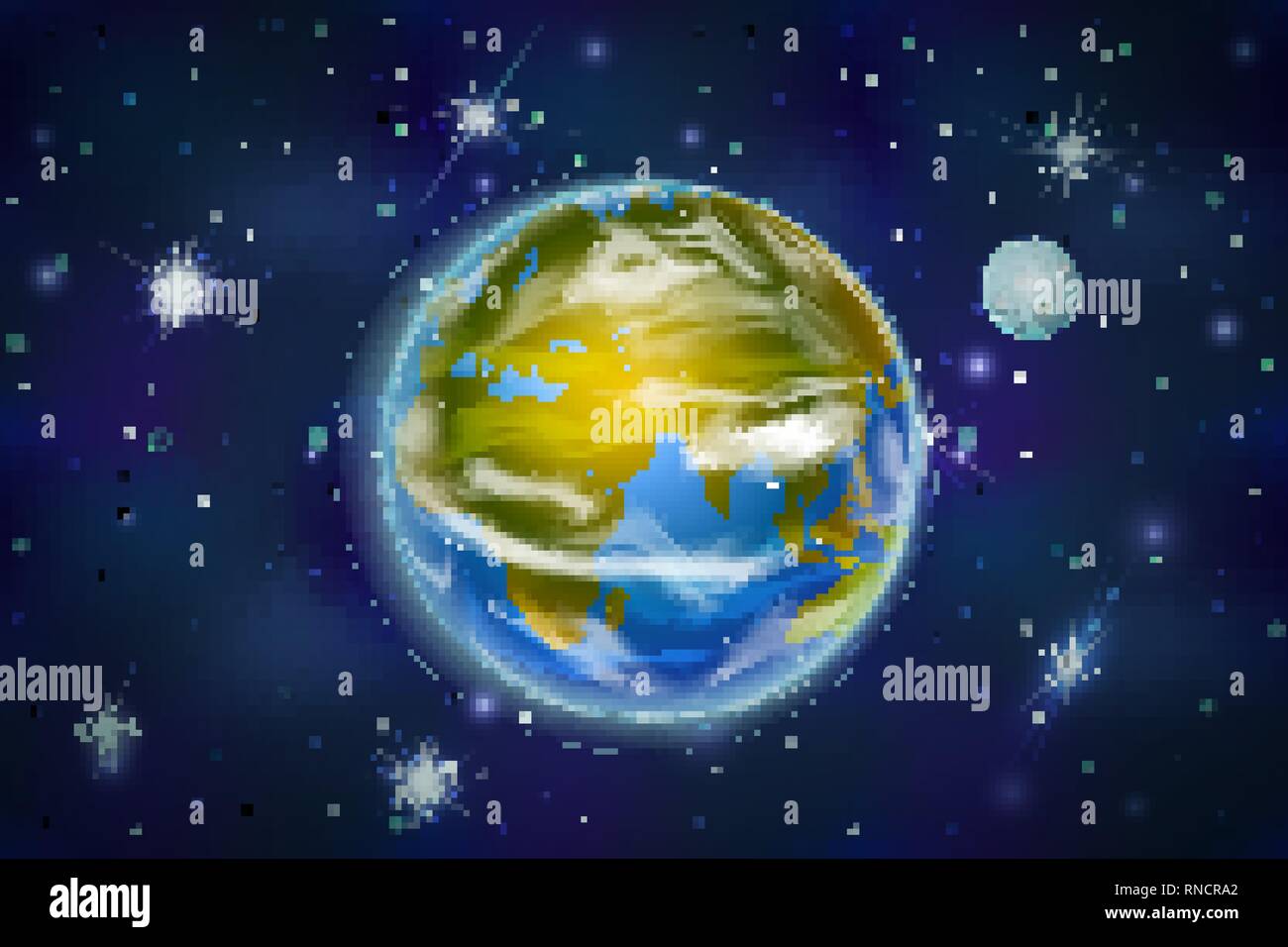 Earth planet with moon on deep space background with bright stars and ...