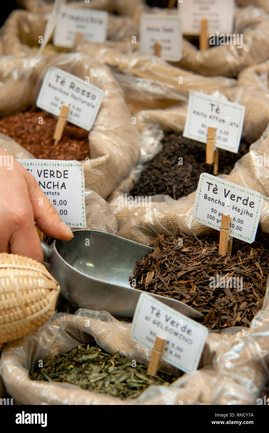 Various bags of tea on the market stall Stock Photo - Alamy