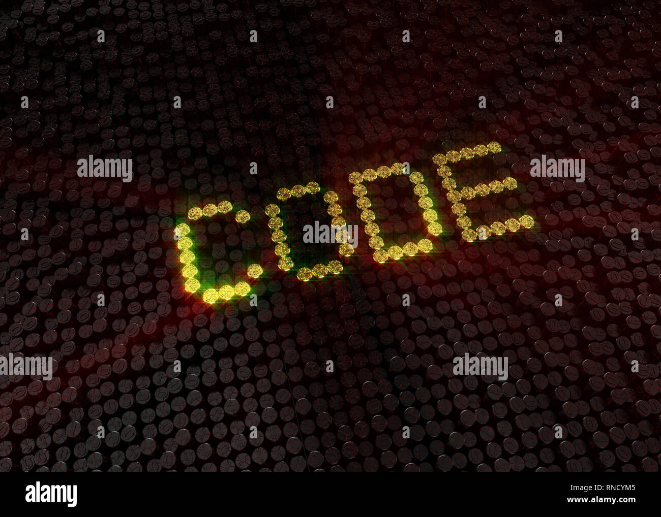 Gold code word with digital background . Binary computer code. Hacker concept. 3d rendering ...