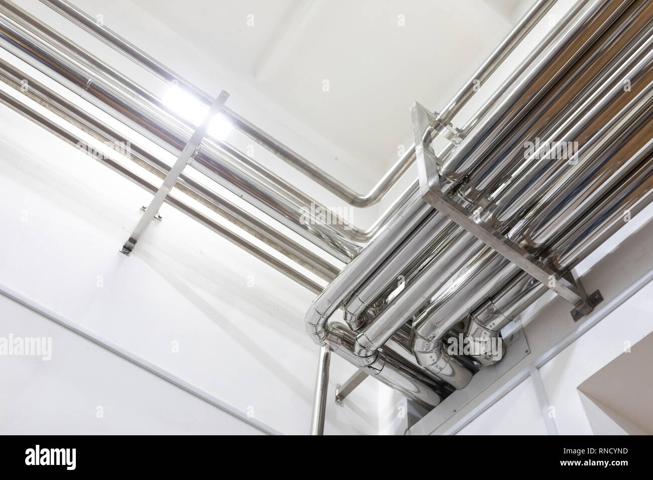 System of aluminum pipes at the food industry plant Stock Photo - Alamy