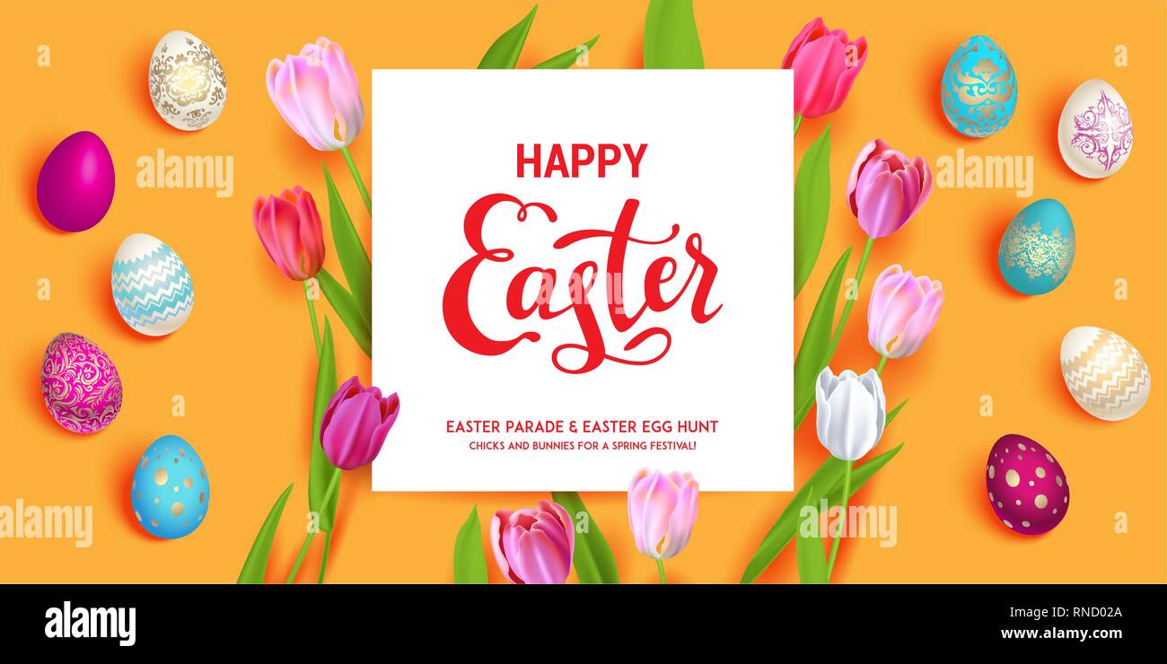 Happy Easter orange holiday banner. Beautiful background with realistic ...