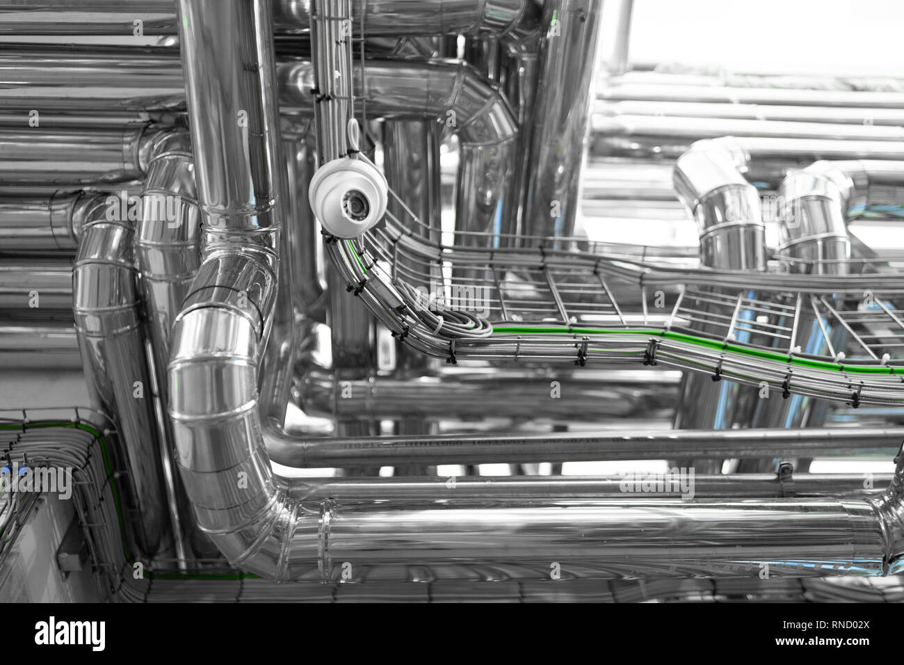 System of aluminum pipes at the food industry plant Stock Photo - Alamy