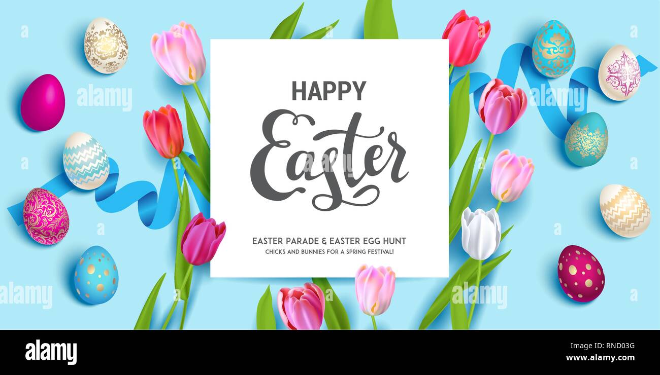 Happy Easter blue holiday banner. Beautiful background with realistic ...