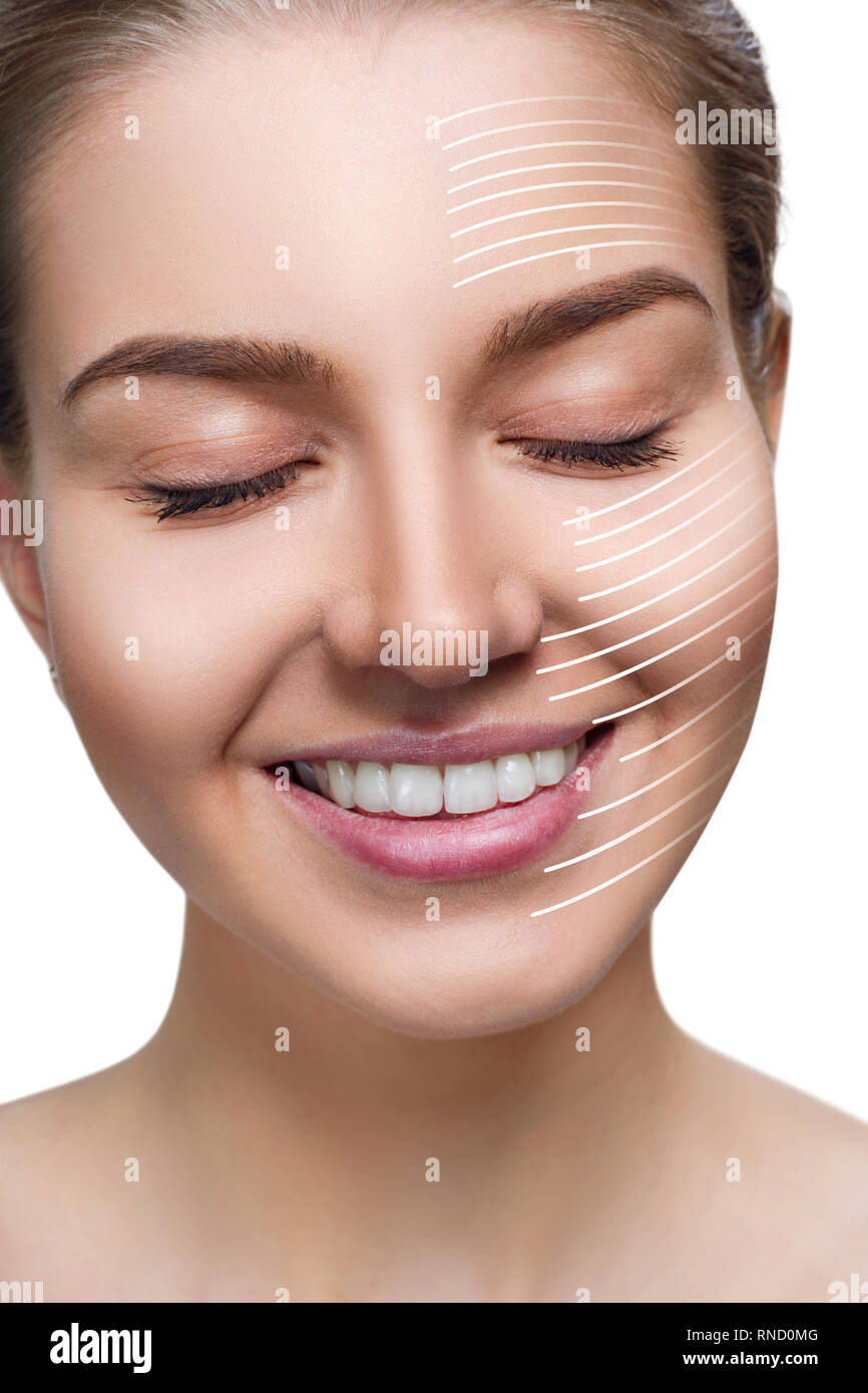 Graphic lines shows facial lifting effect on skin Stock Photo - Alamy