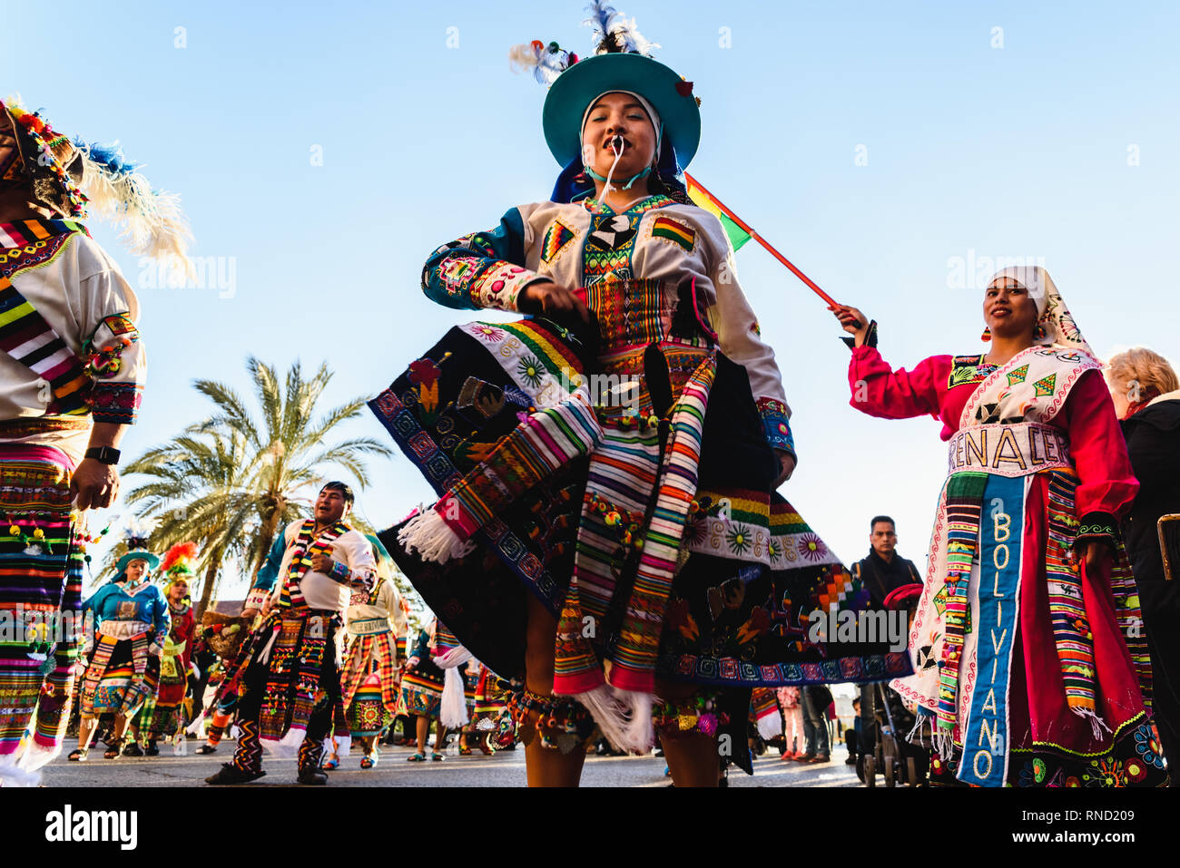 Valencia, Spain - February 16, 2019: Woman performing the Bolivian folk dance the Tinku dressed ...