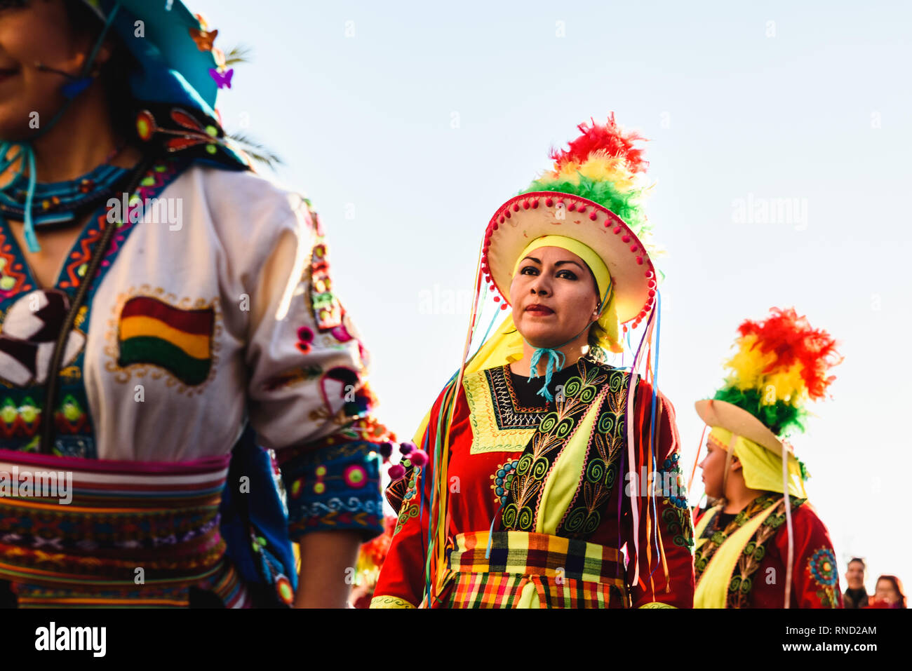 Valencia, Spain - February 16, 2019: Woman performing the Bolivian folk dance the Tinku dressed ...