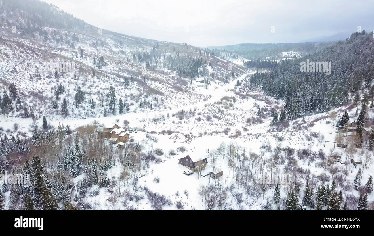 Aerial view of rural mountain community in the Winter Stock Photo - Alamy