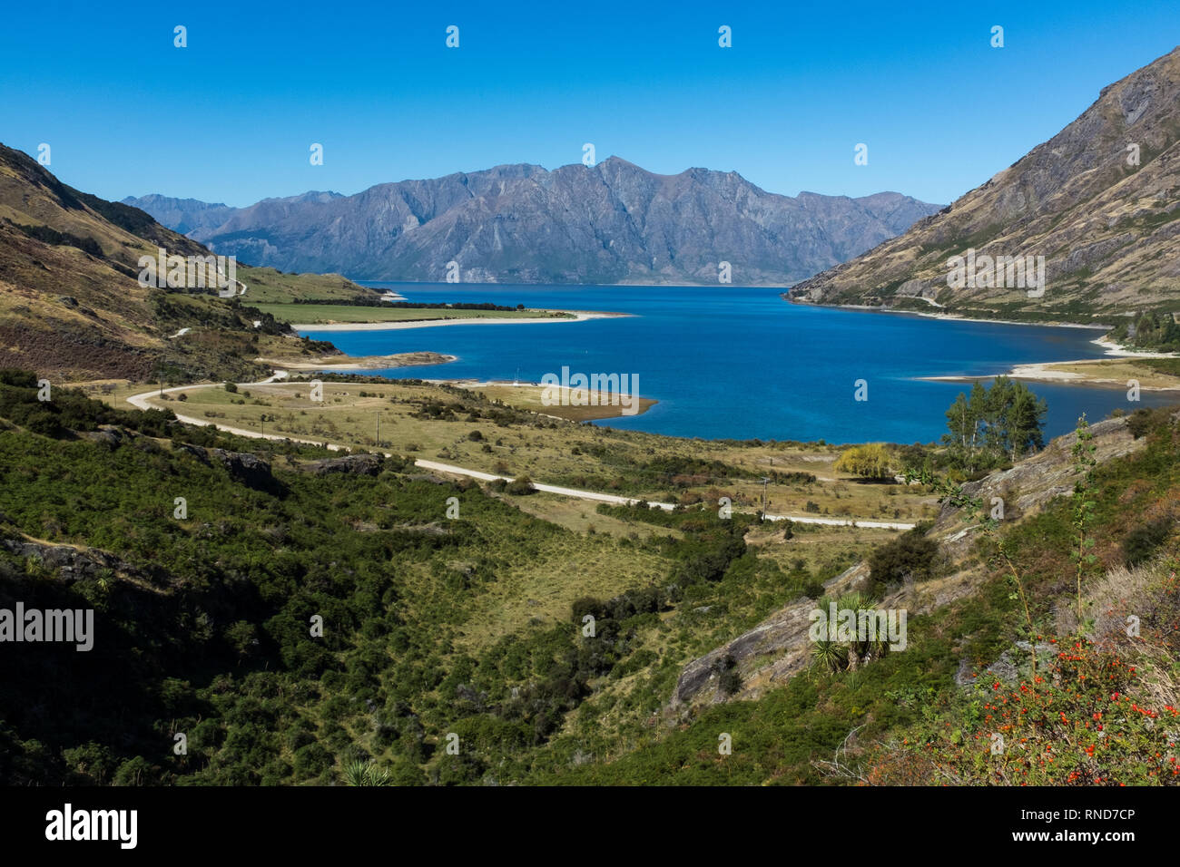 Wide view of Lake Hawea in New Zealand, brillant blue sky, ranges in ...