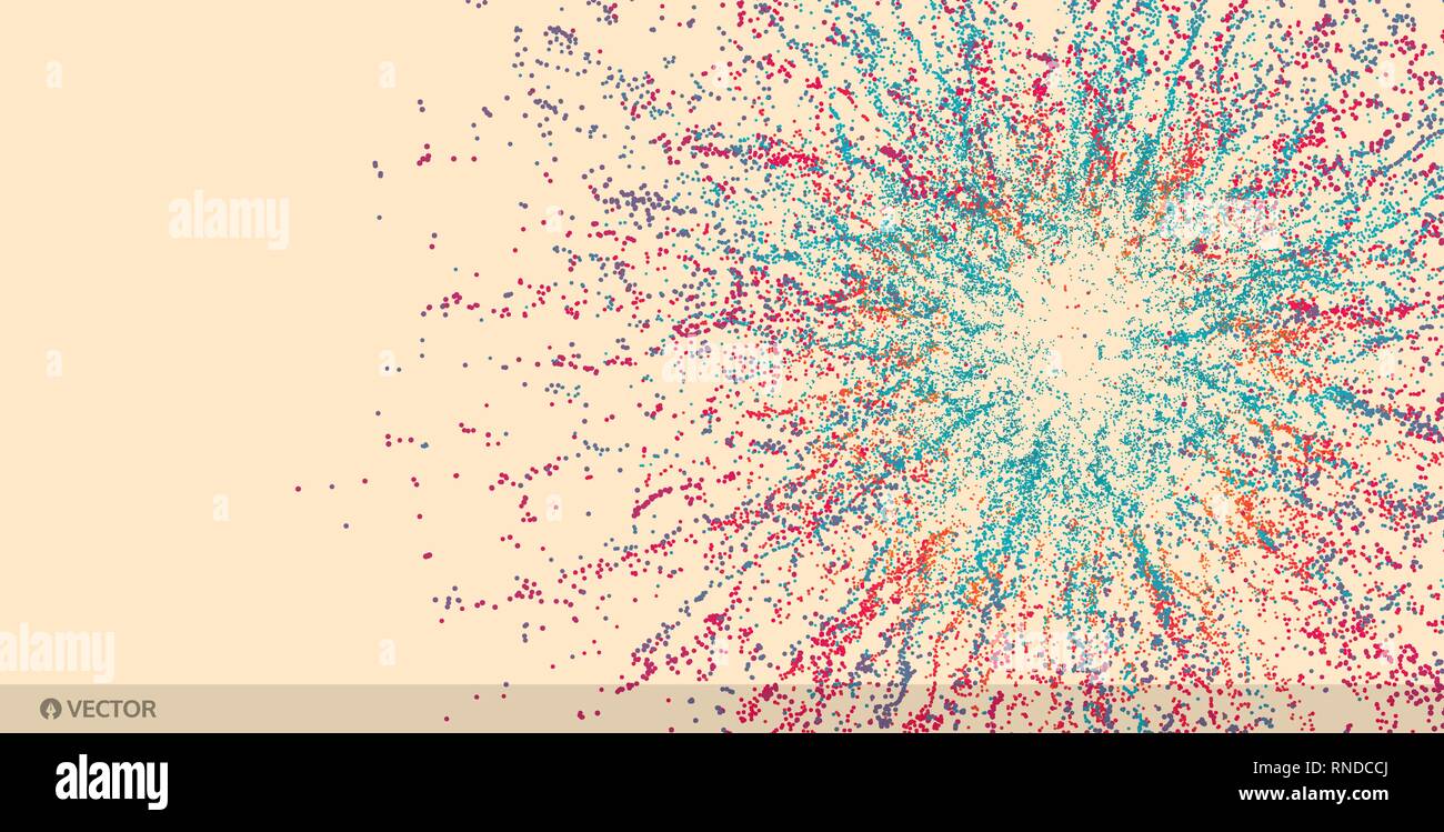 Point explode. Array with dynamic emitted particles. 3d technology style. Abstract background ...