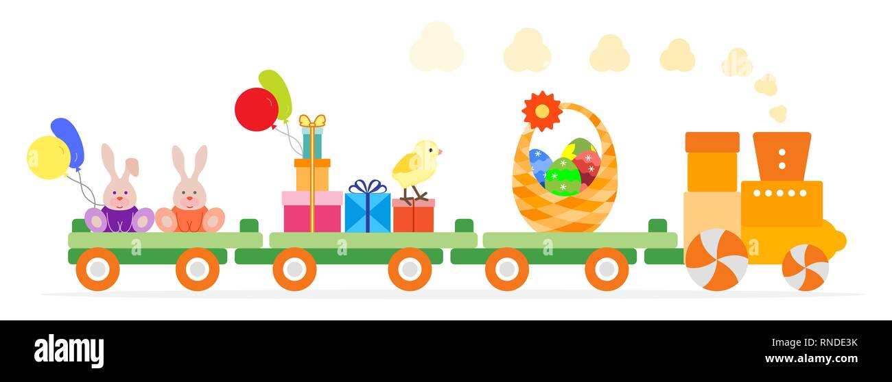 Vector illustration with Easter train carries eggs, basket, chicken ...