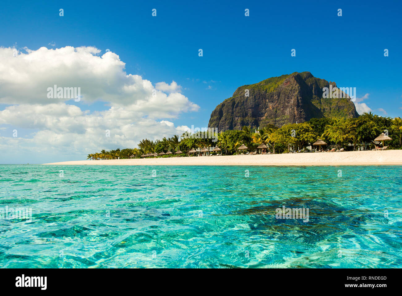 Landscape of tropical beach and famous Le Morne Brabant mountain in ...