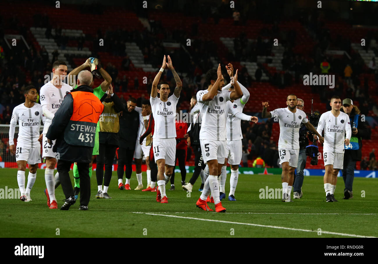 MANCHESTER, ENGLAND - FEBRUARY 12 2019: PSG players acknowledge their ...